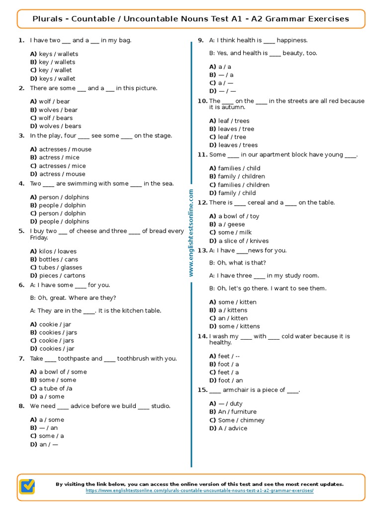 444 Plurals Countable Uncountable Nouns Test A1 A2 Grammar Exercises ...