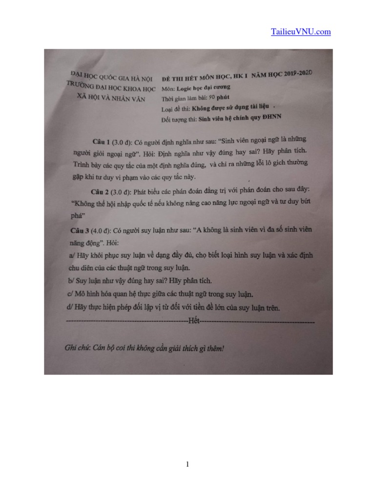 Đề thi Logic học đại cương kỳ 1 năm học 2019-2020 - USSH | PDF