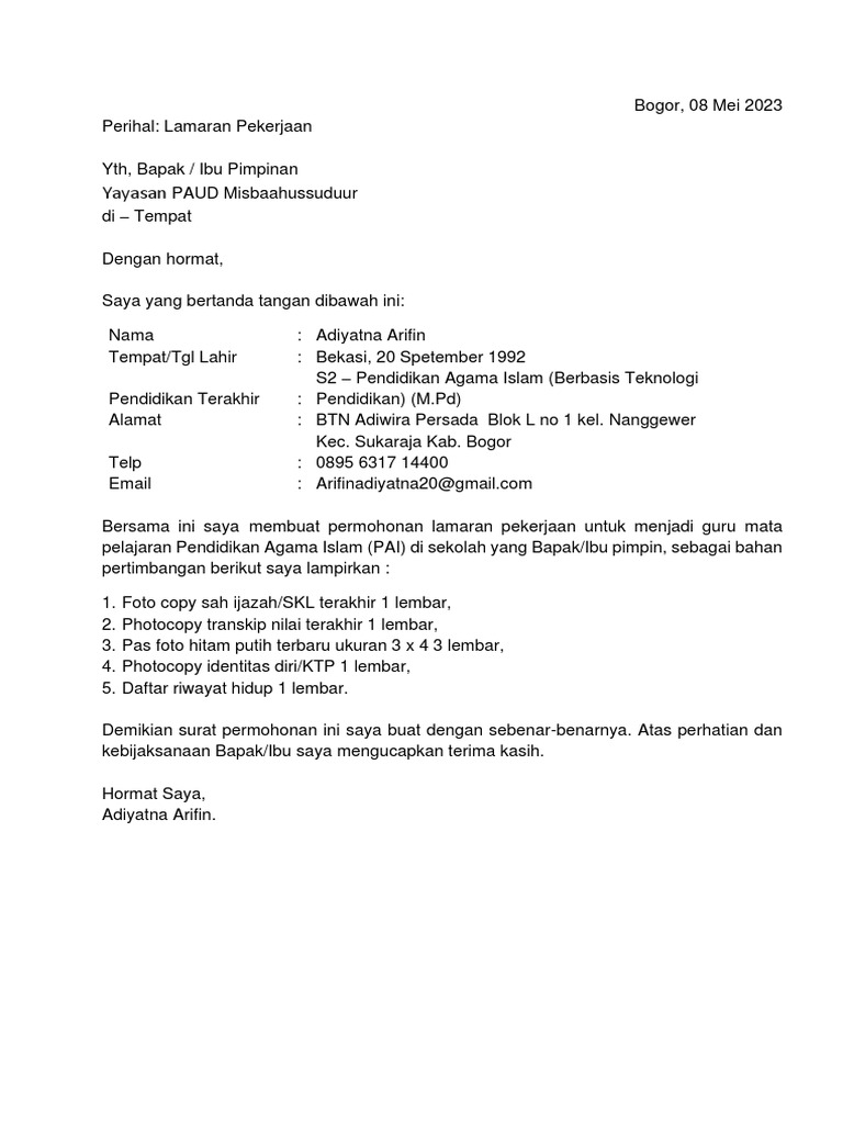 Contoh Lamaran Kerja | PDF