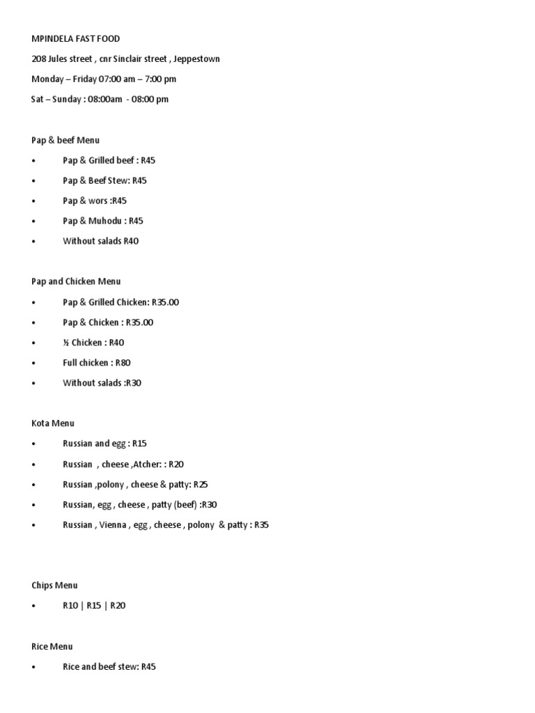 Mpindela Fast Food Menu Jeppestown | PDF