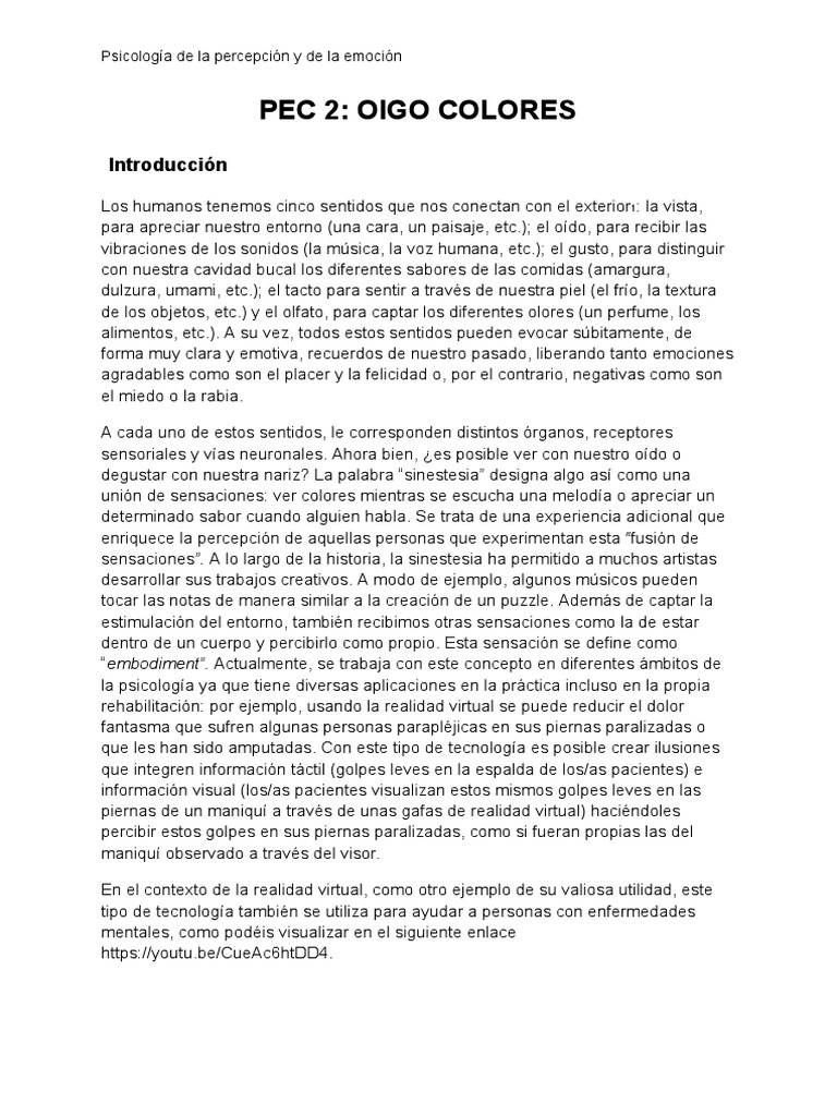 PEC 2 CON RESPUESTA, Psicología de la emoción UOC | PDF | Percepción ...