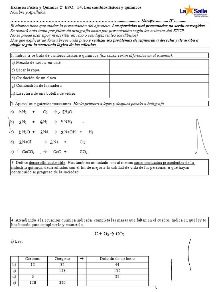 04 Examen FyQ2eso T4 Los Cambios Fisicos y Quimicos 1920 PRÃ CTICA ...