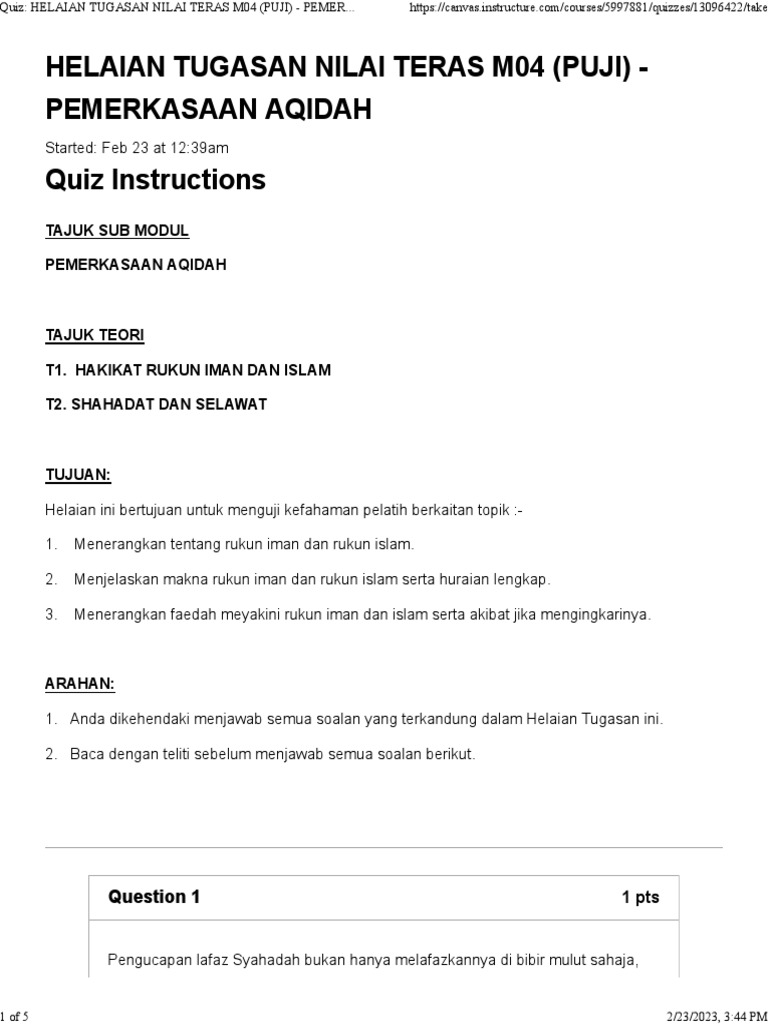 Quiz HELAIAN TUGASAN NILAI TERAS M04 (PUJI) - PEMERKASAAN AQIDAH | PDF