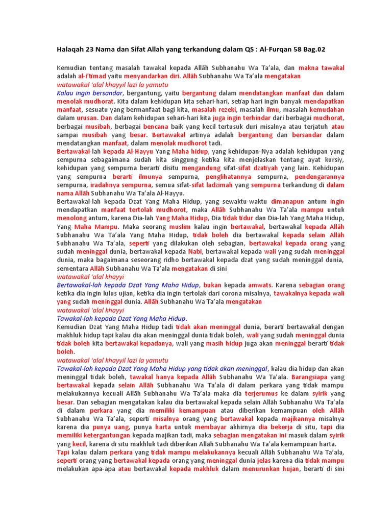 Halaqah 23 Nama Dan Sifat Allah Yang Terkandung Dalam QS Al-Furqan 58 Bag.02 | PDF