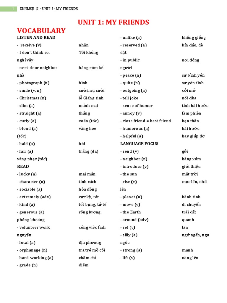 Unit 1 My Friends Vocabulary Listen And | PDF
