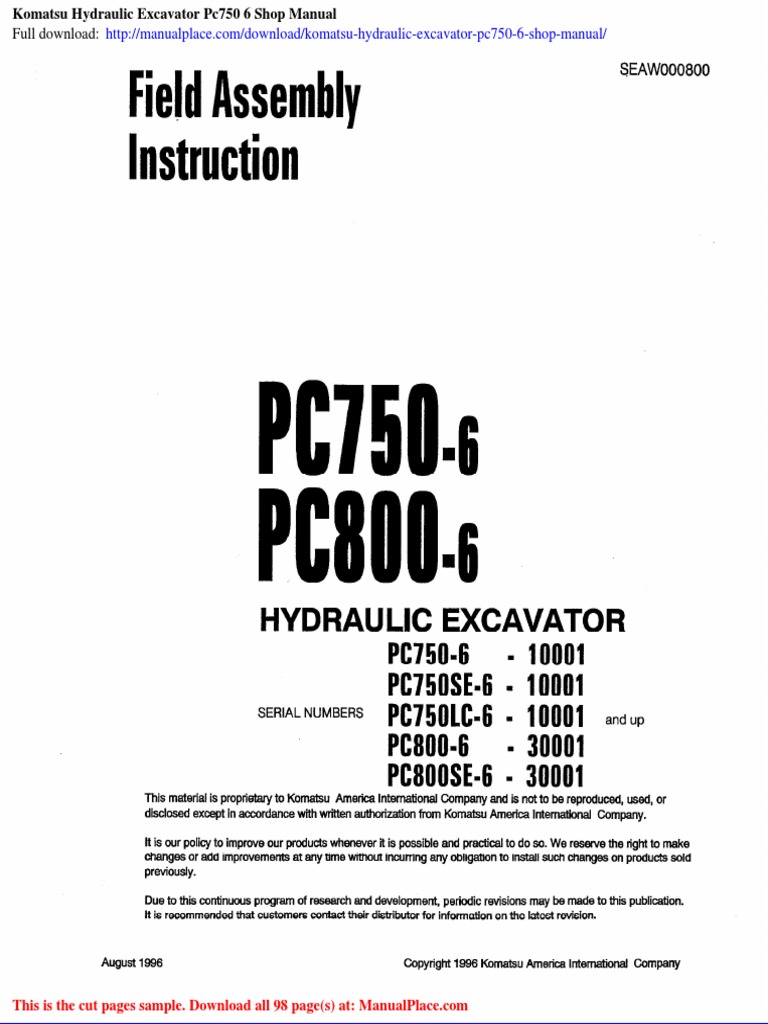 Komatsu Hydraulic Excavator Pc750 6 Shop Manual | PDF | Crane (Machine ...