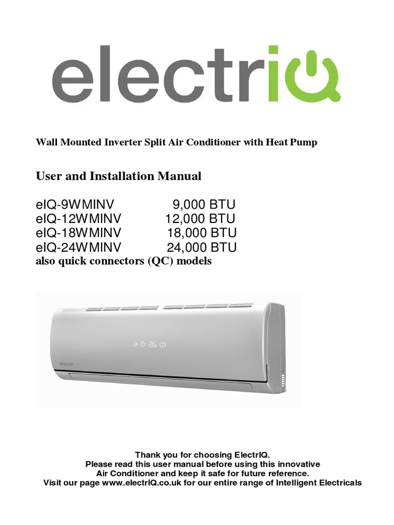 ElectrIQ Split Manual | PDF | Air Conditioning | Thermostat