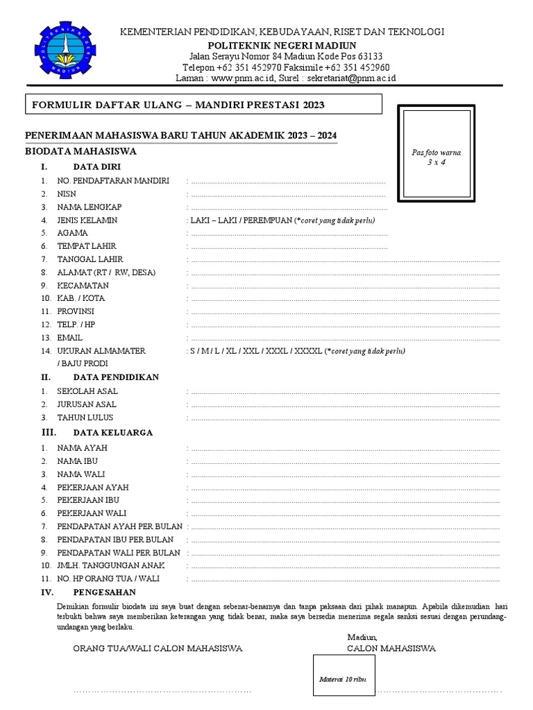 Form Daftar Ulang Jalur Mandiri Prestasi 2023 | PDF
