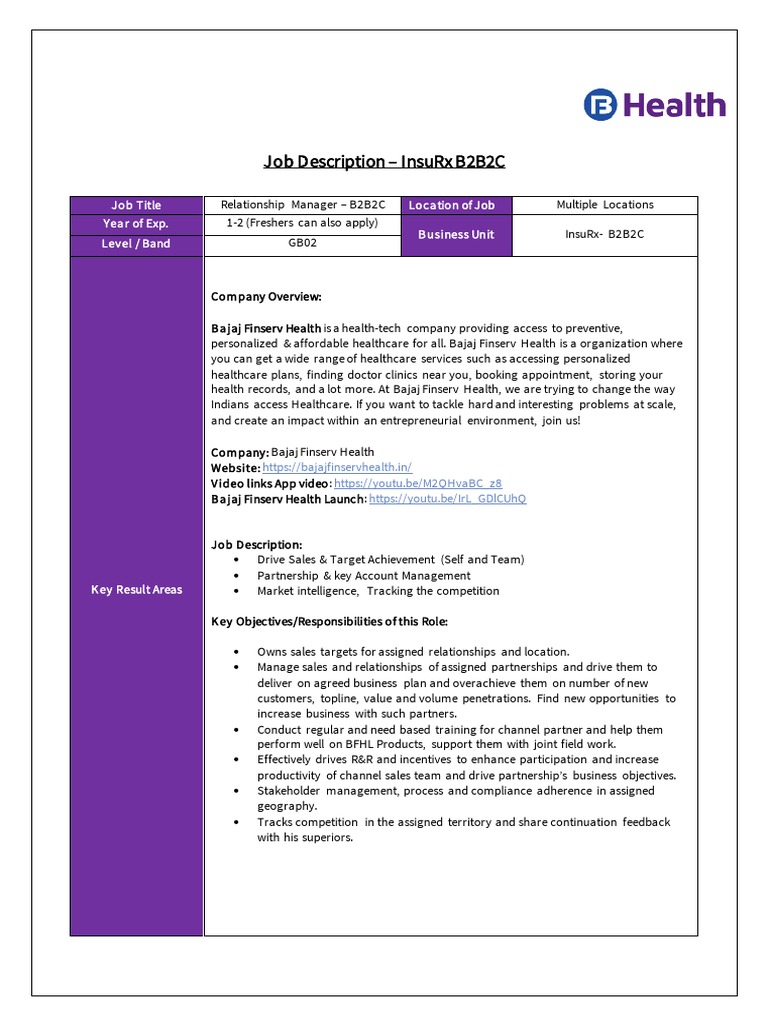 Job Description Relationship Manager - InsuRx B2B2C (Multiple Locations ...