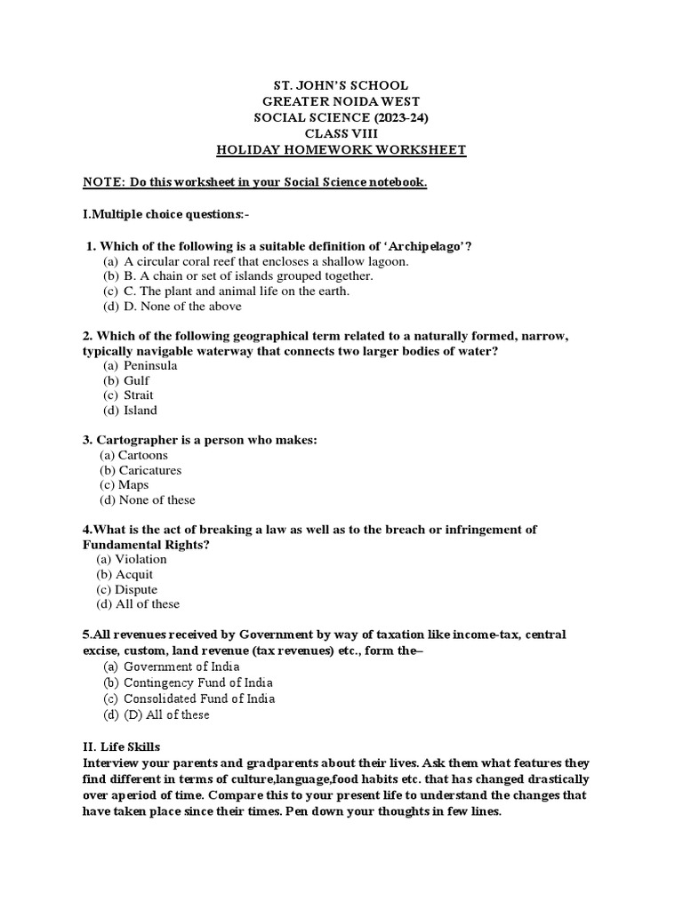 1684897258968 Class Viii Sst Holiday Homework Worksheet (3) | PDF