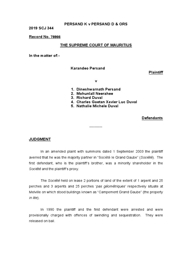 Persand K V Persand D and Ors 2019 SCJ 344 | PDF | Plea | Pleading