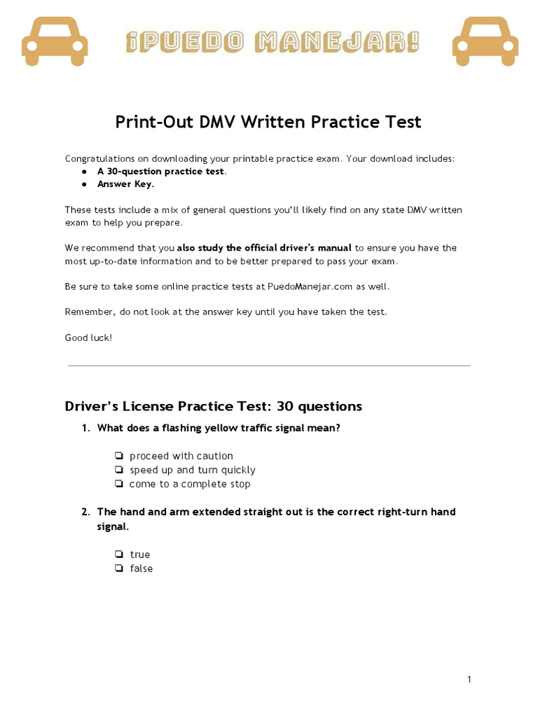 Print-Out DMV Written Practice Test | PDF | Traffic | Lane