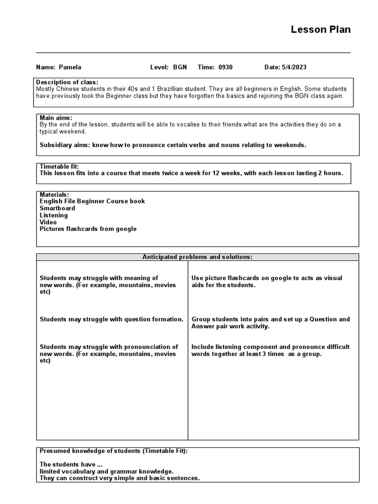 Lesson Plan Template For Pamela | Download Free PDF | Question | Vocabulary
