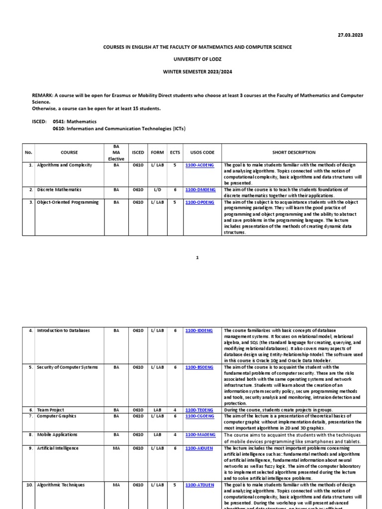 UL Mobility Courses Mathematics Computer Science 2023 2024 Winter | PDF ...