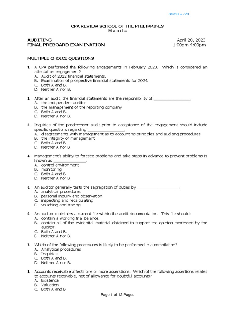 AUD Final Preboard Questions | PDF | Financial Audit | Audit