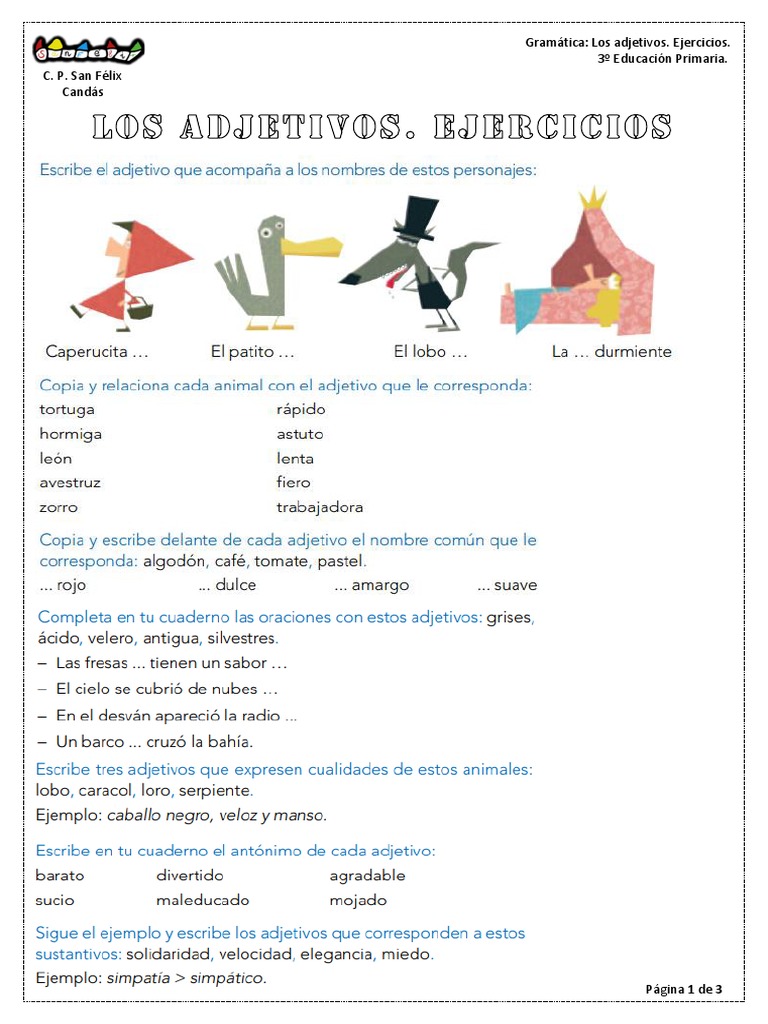 Ejercicios de Adjetivos 3º Primaria | PDF | Artes del Lenguaje y ...
