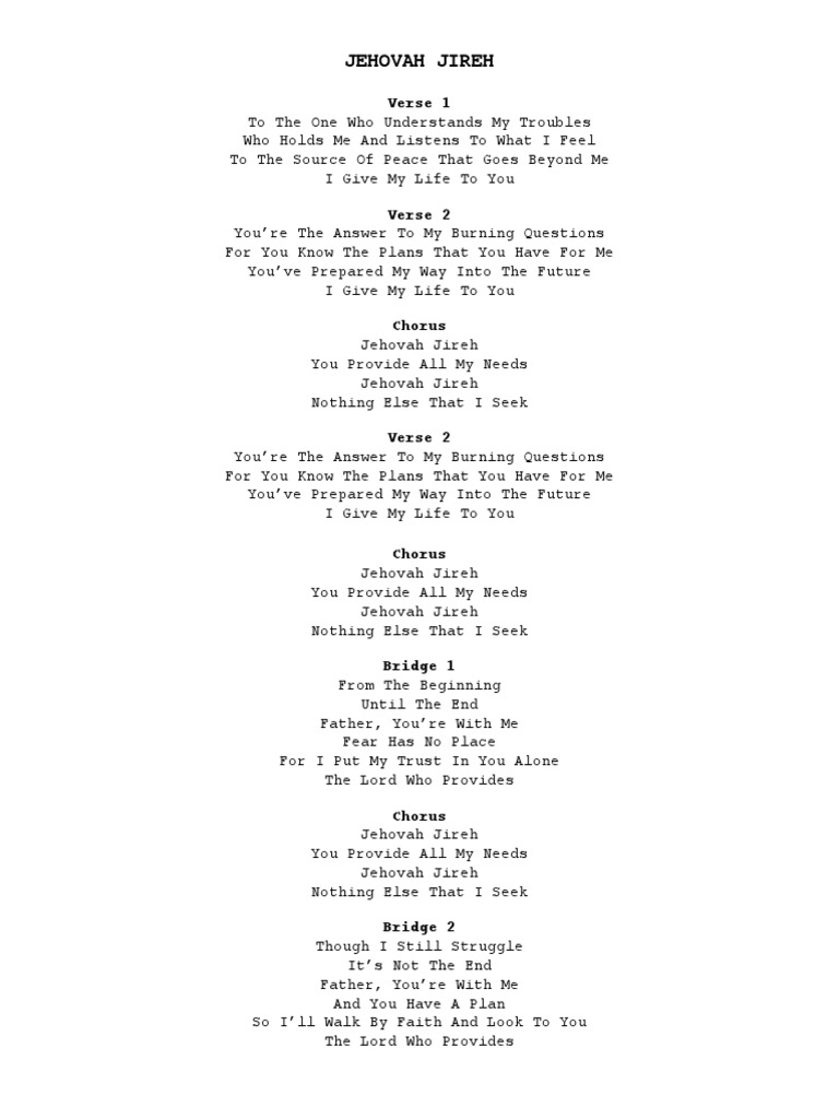 Jehovah Jireh Lyrics | PDF
