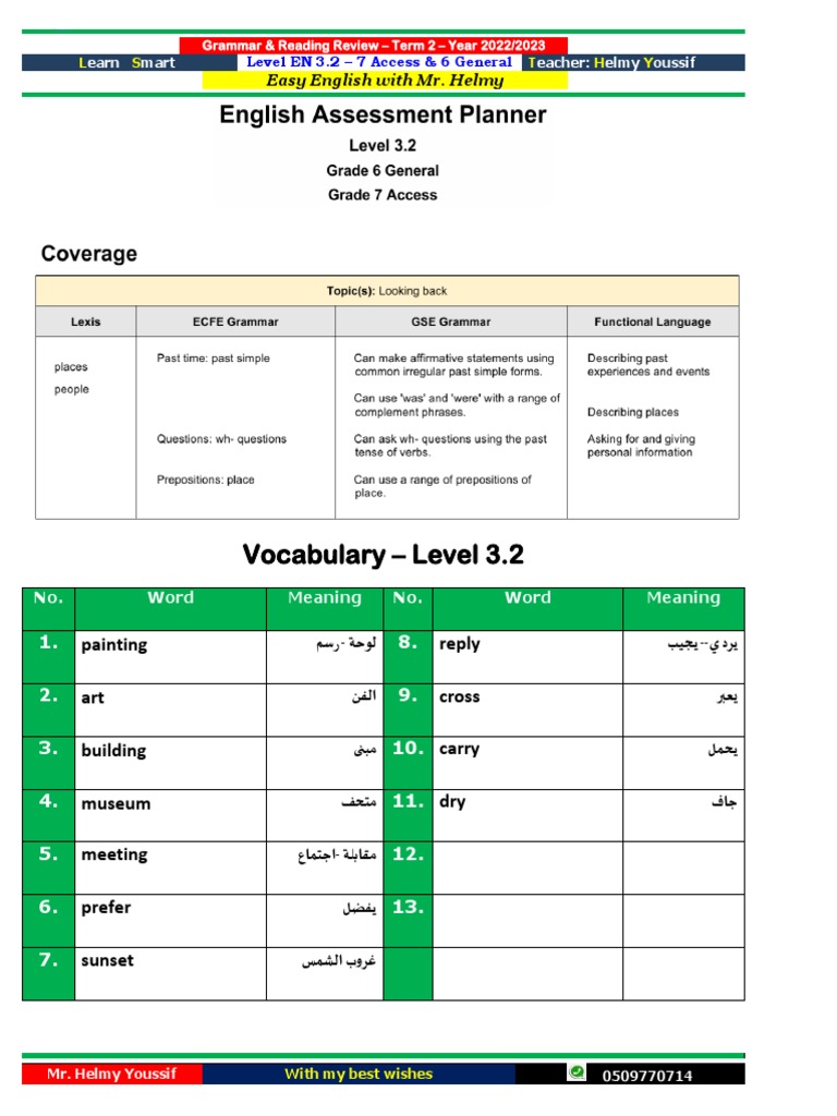 Level 3.2 - Mr. Helmy - Reading & Grammar - Term 2 | PDF | Subject (Grammar) | Question