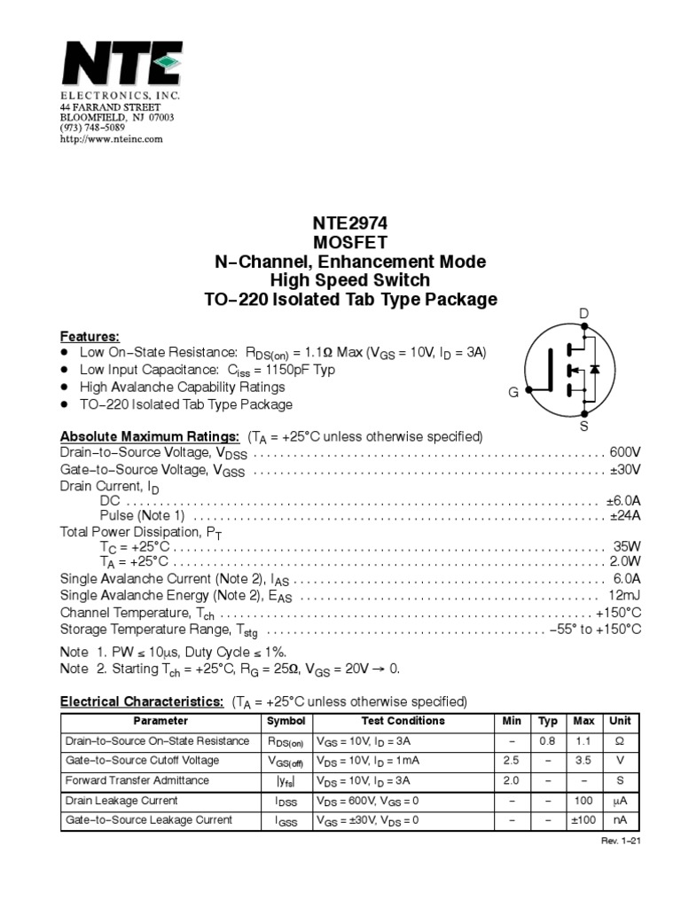 Nte 2974 | PDF | Field Effect Transistor | Diode
