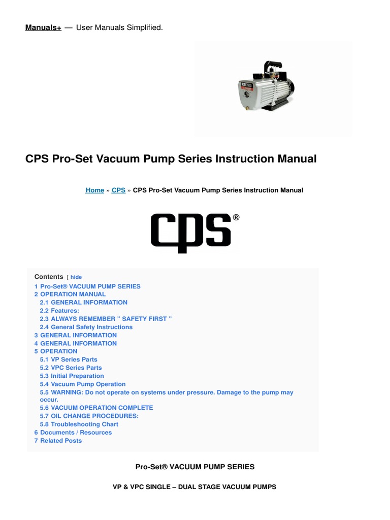 Pro Set Vacuum Pump Series Manual | PDF | Pump | Vacuum