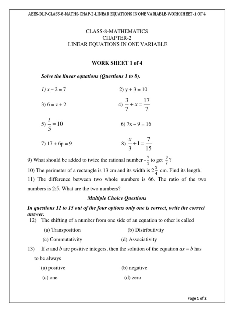 WS 1 Class-8-Maths-Chap-2-Linear Eqations in One Variable-Work Sheet-1 ...