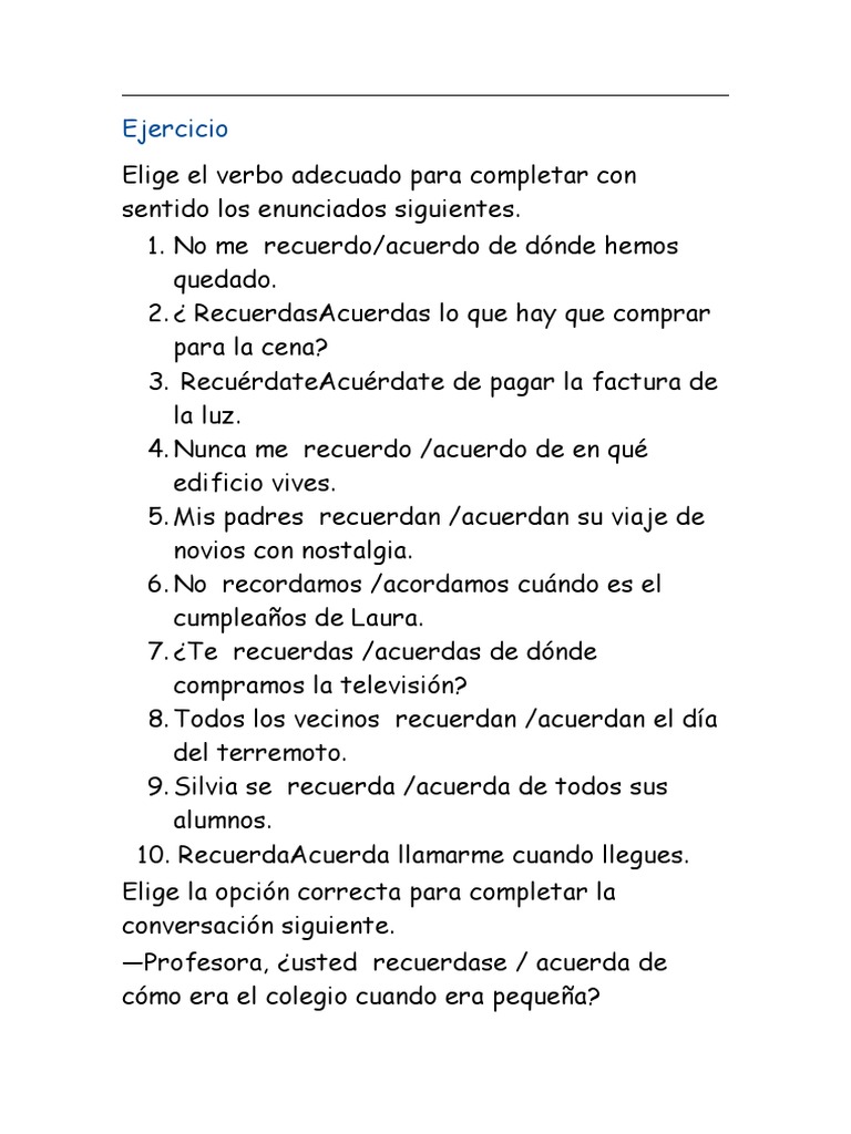 Ejercicio: Recordar vs Acordarse | PDF