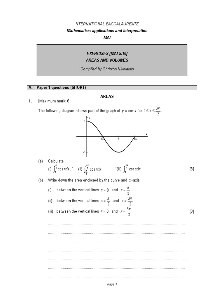 IB Math Areas and Volumes Exercises | PDF | Area | Cartesian Coordinate ...