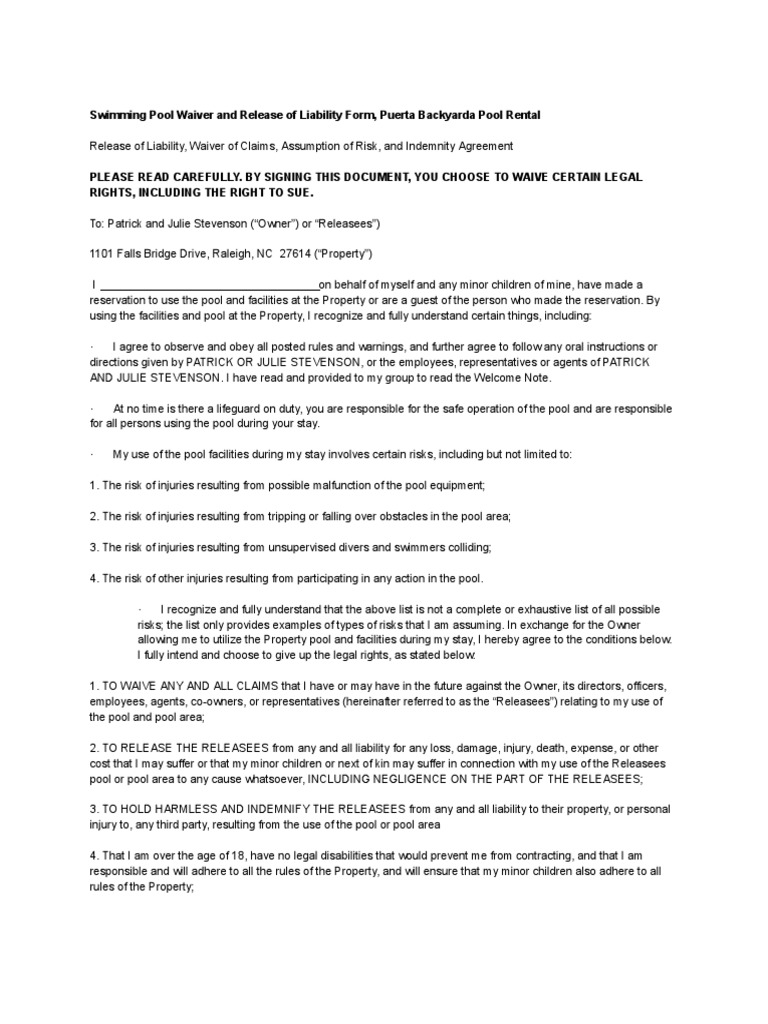Pool Liability Waiver Form | PDF | Indemnity | Legal Liability
