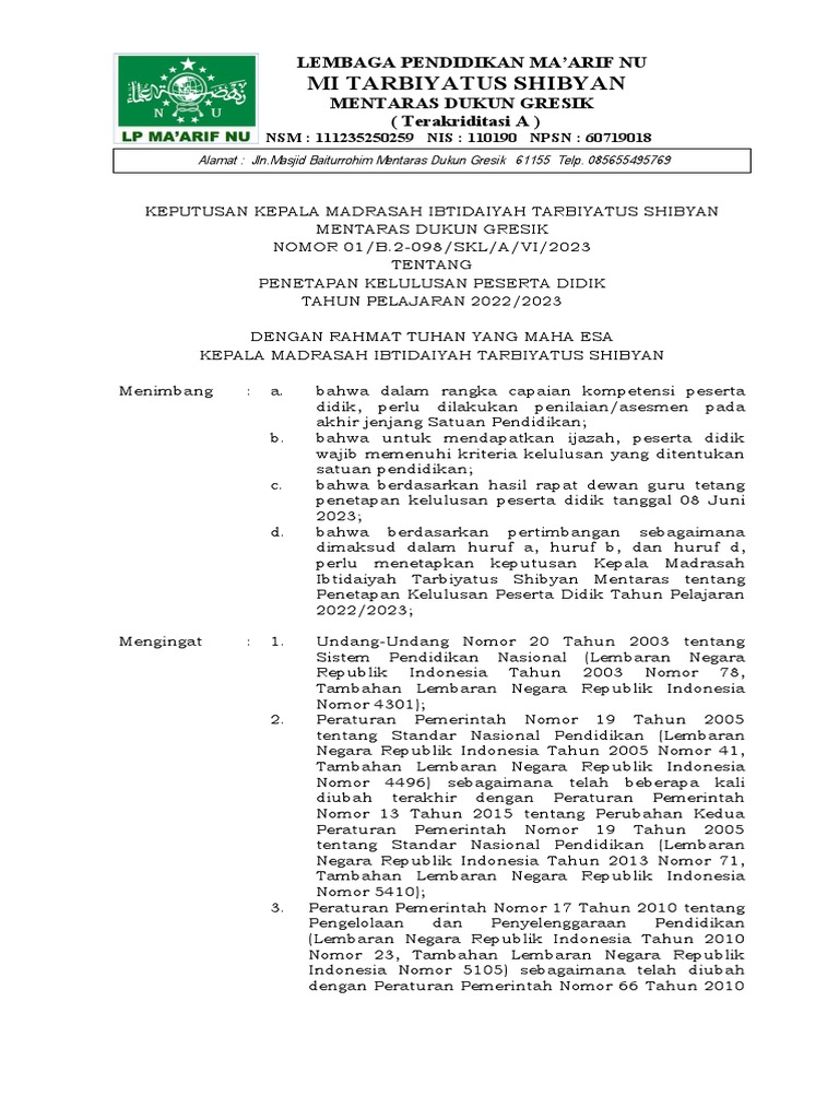 SK Kelulusan Siswa Tahun Pelajaran 2022-2023 | PDF