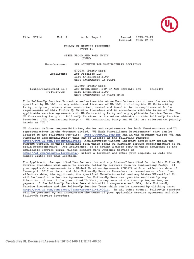UL Certificate ASC Steel Deck, 3WH-36 | PDF | Limited Liability Company ...
