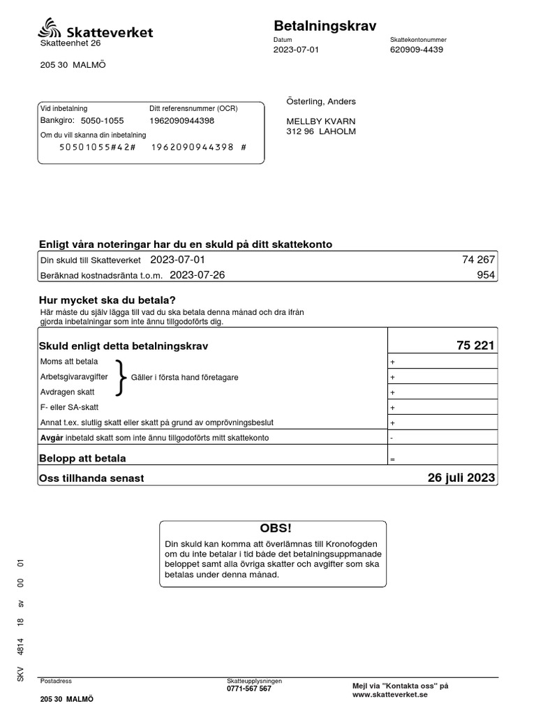 Skatteverket: Betalningskrav | PDF