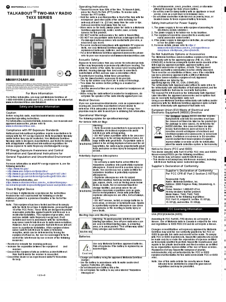 Manual de Instruções Motorola Talkabout T470 (2 Páginas) | PDF ...