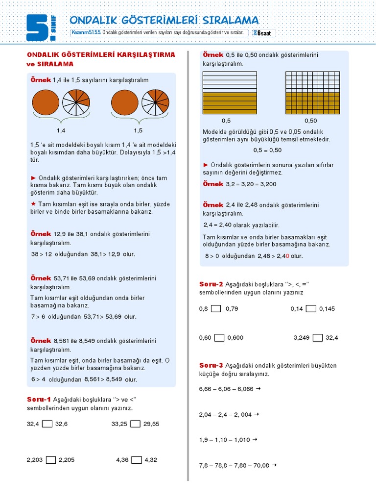 5 Ondalik Gosterimleri Siralama Ve Sayi Dogrusunda Gosterme | PDF
