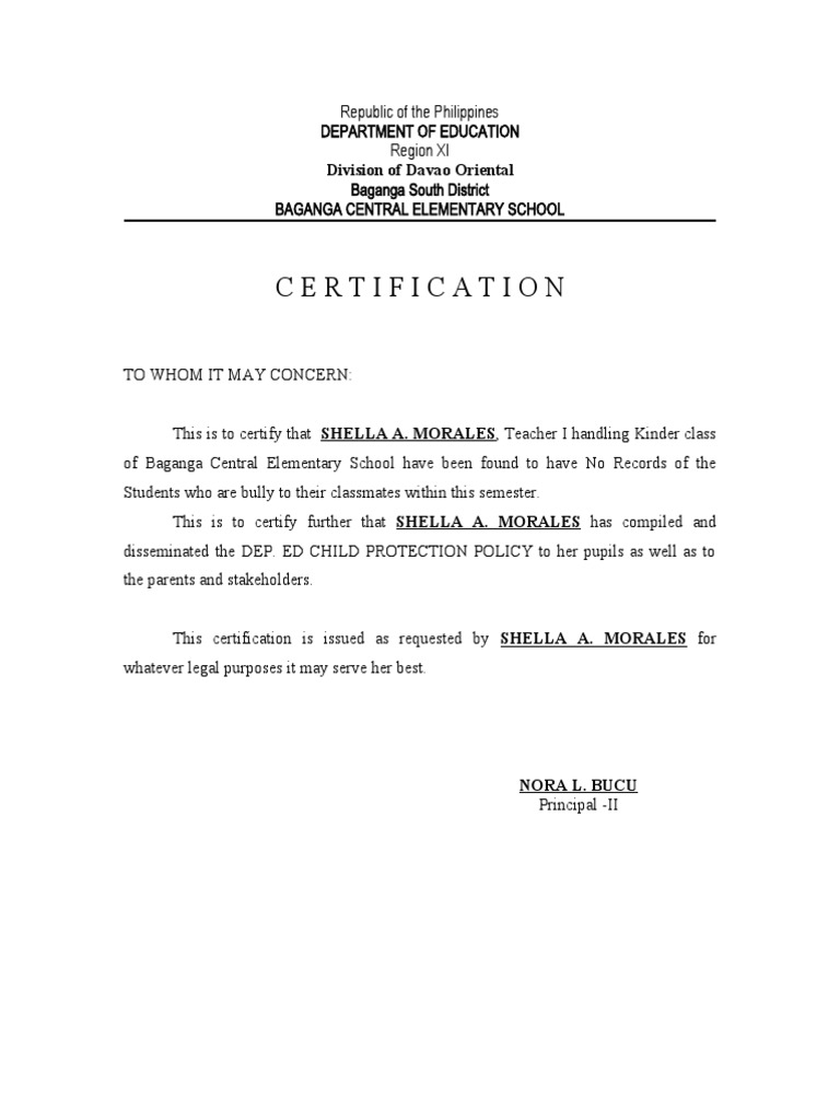 Certification For No Bullying | PDF | Social Institutions
