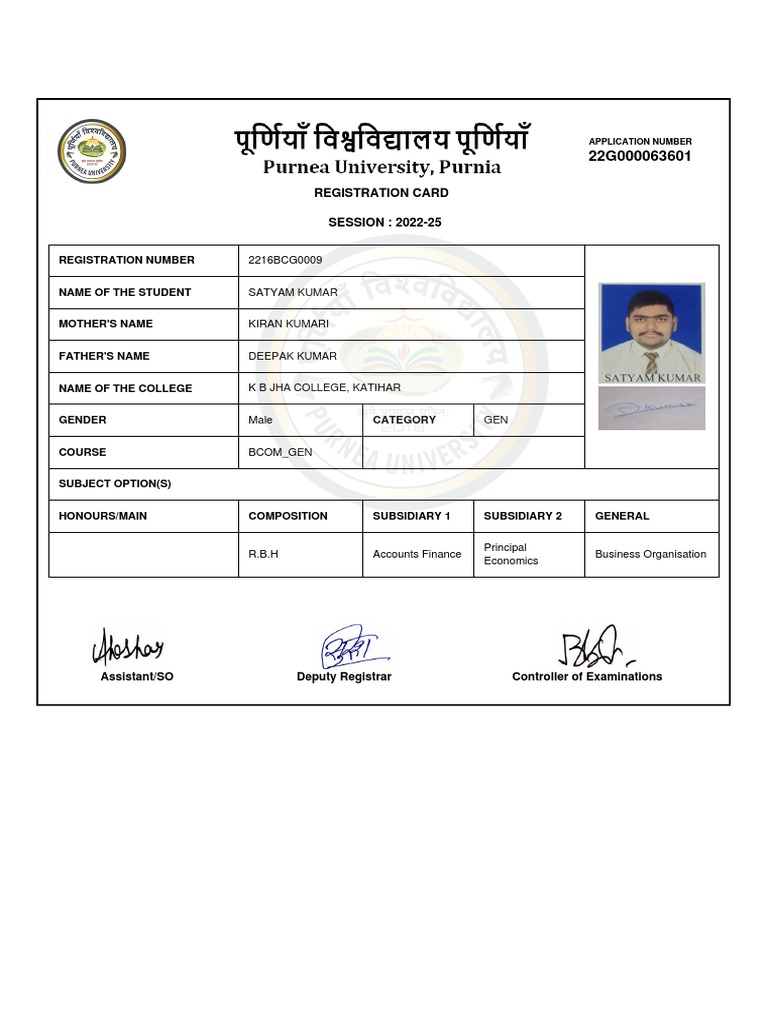 SATYAM KUMAR B COM GEN 22G000063601 - Registration - Card | PDF