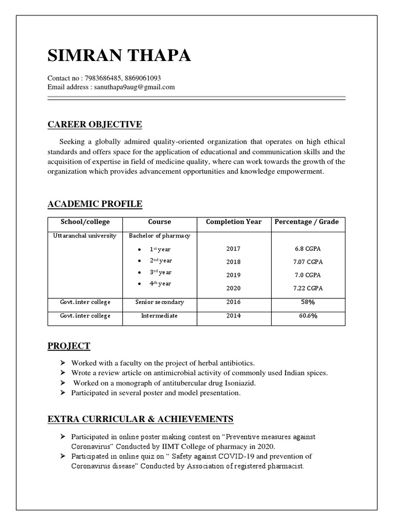 Simran Thapa: Career Objective | PDF | Pharmacy | Pharmacology