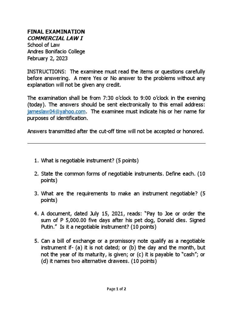 Commercial Law Final Exam 2022 2023 | PDF | Negotiable Instrument | Civil Law (Legal System)