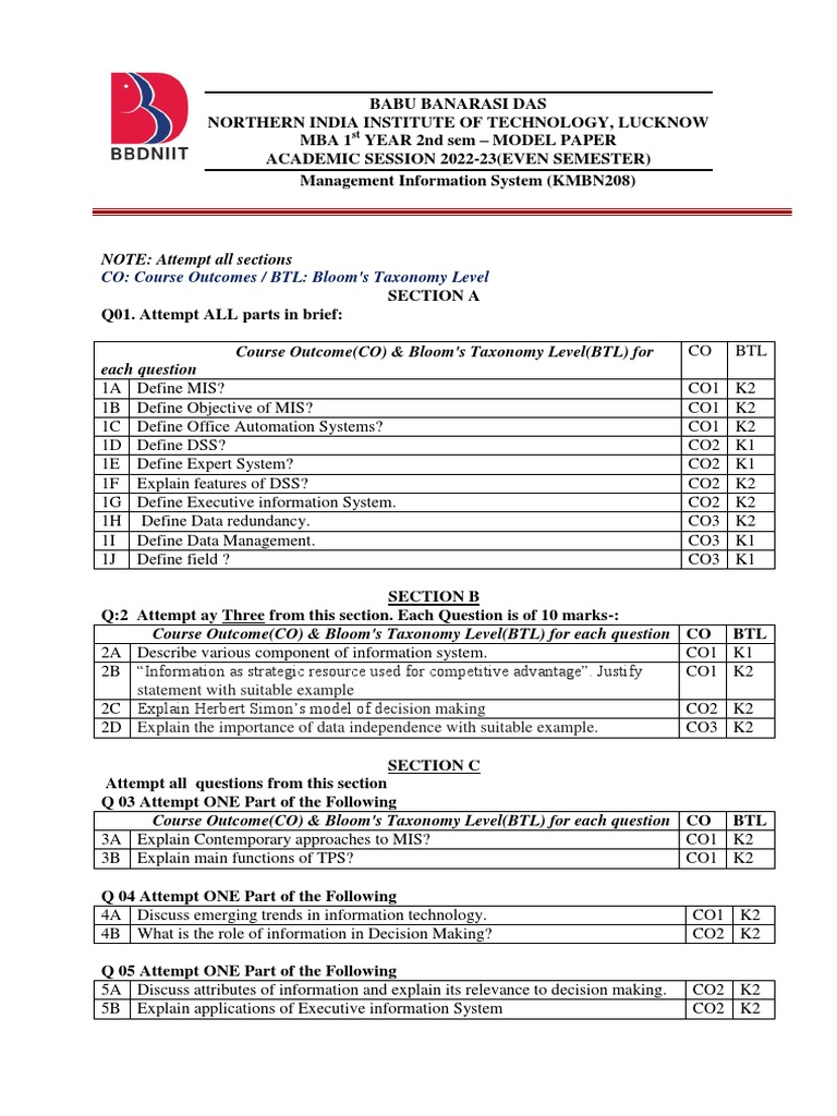 Mis Model Paper With Solution | Download Free PDF | Databases | Relational Database