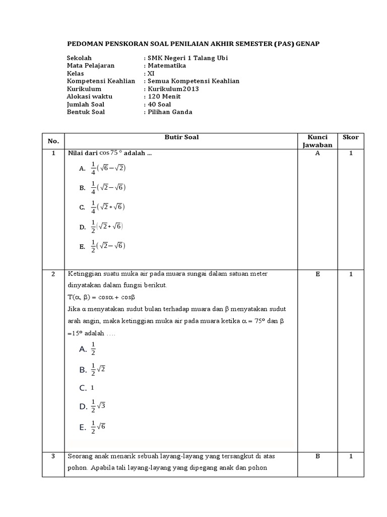 Pedoman Penskoran dan Kunci Jawaban PAS Genap 2022-2023 | PDF