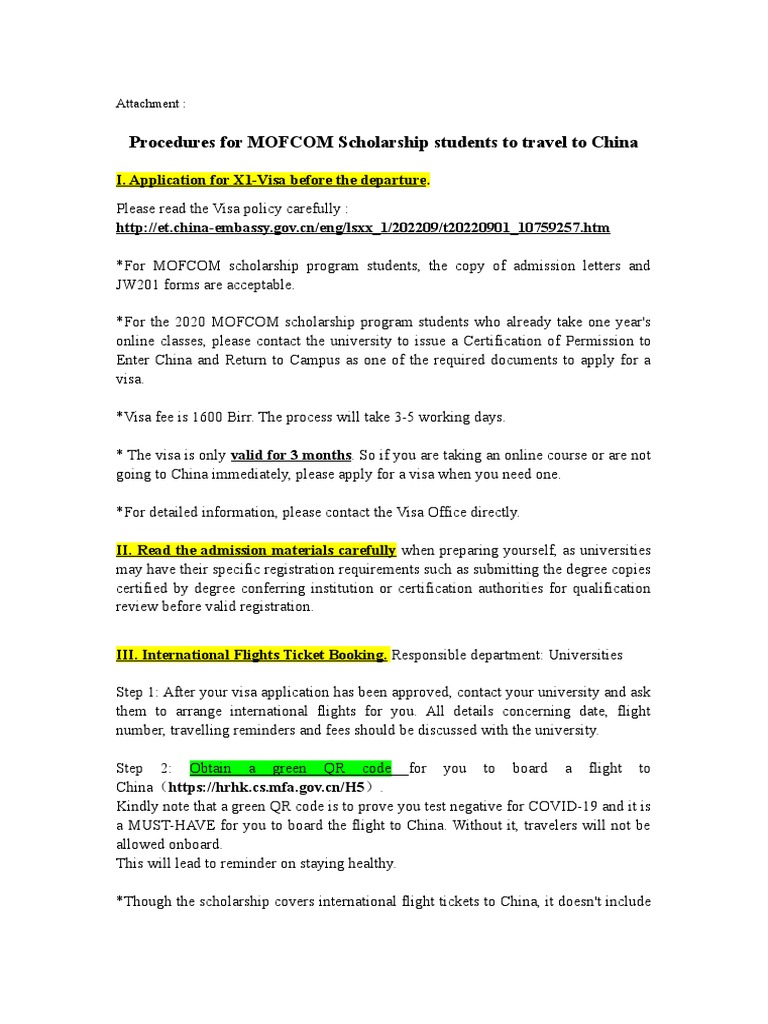 Procedures For MOFCOM Scholarship Students To Travel To China | PDF ...
