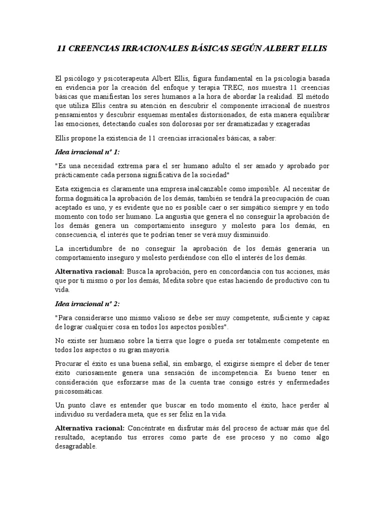 11 Creencias Irracionales Básicas Según Albert Ellis | PDF | Terapia ...
