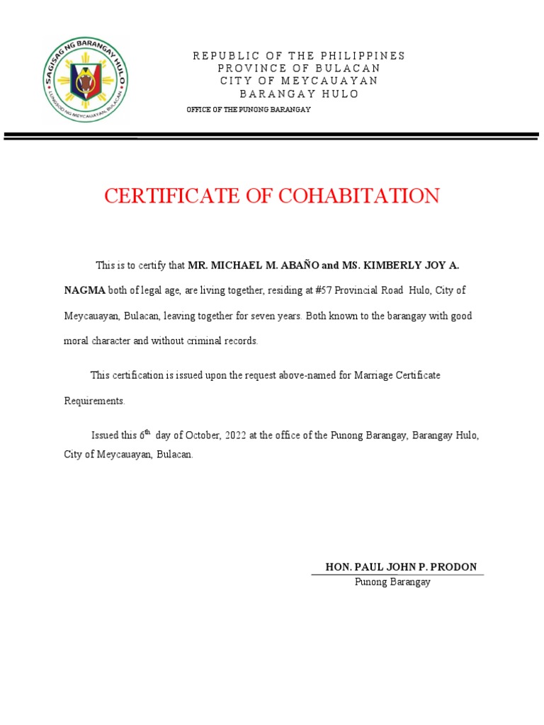 Brgy. Certificate of Cohabitation ROMELITO N PATRICIA | PDF