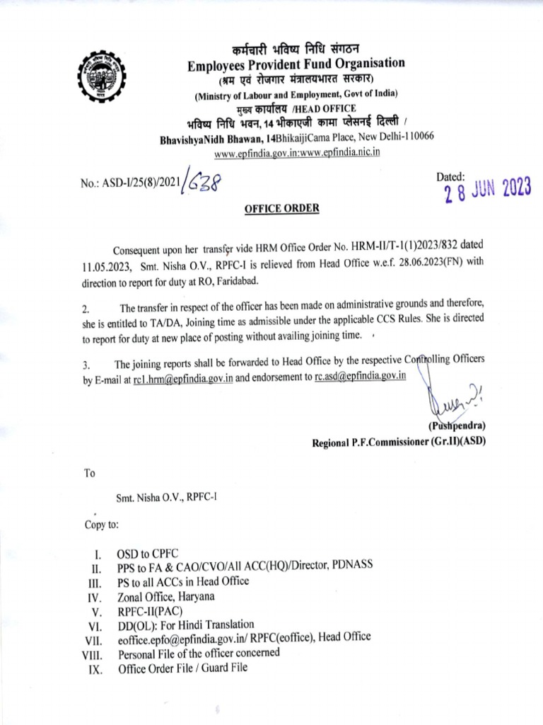Office Order Dated 28-06-2023 Regarding Relieving of Ms. Nisha OV, RPFC ...