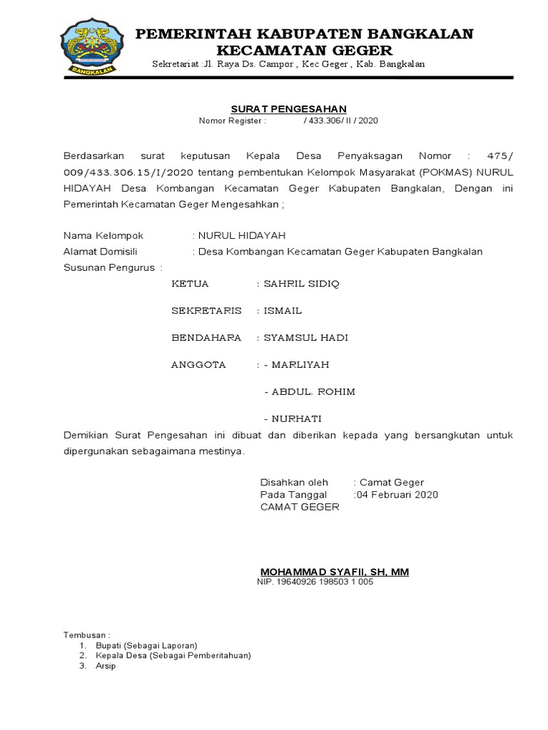 Pemerintah Kabupaten Bangkalan Kecamatan Geger: Surat Pengesahan | PDF