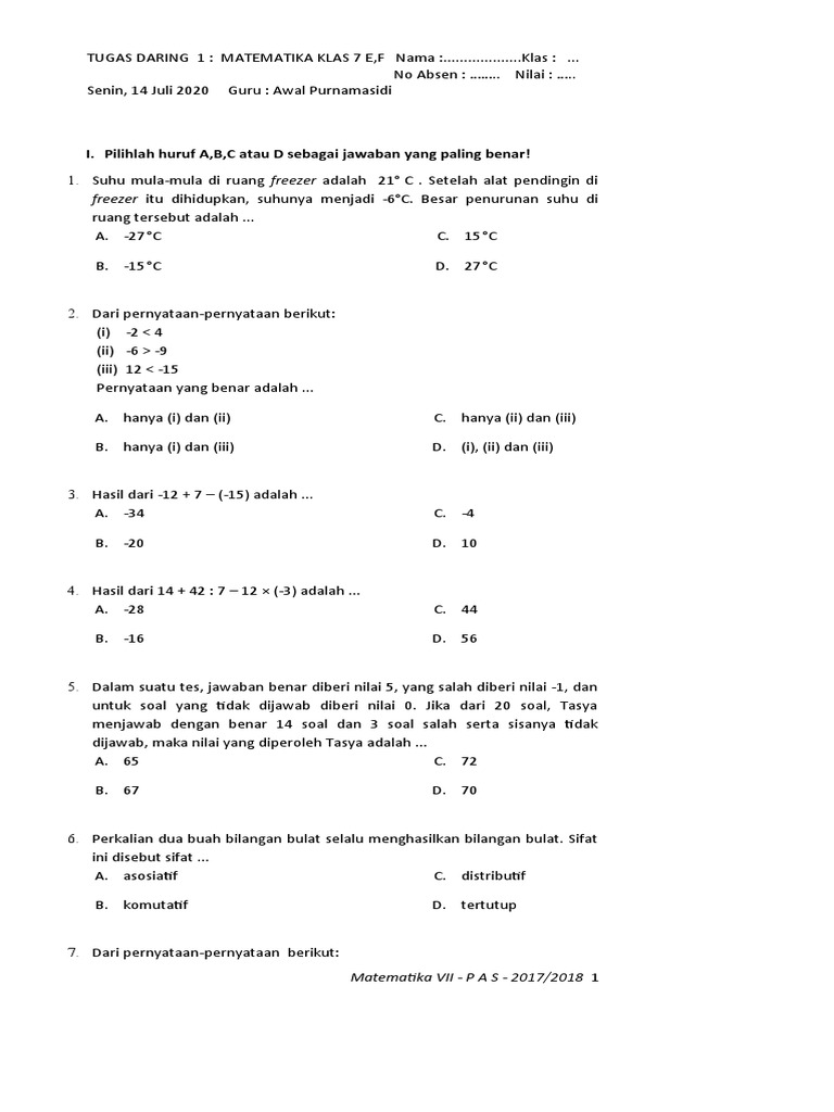 Soal MTK Kls 7 | PDF