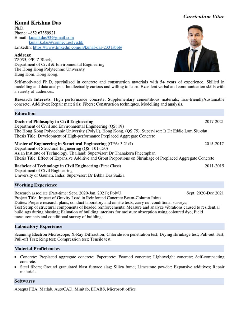 Kunal Krishna Das CV Ind | PDF | Concrete | Engineering
