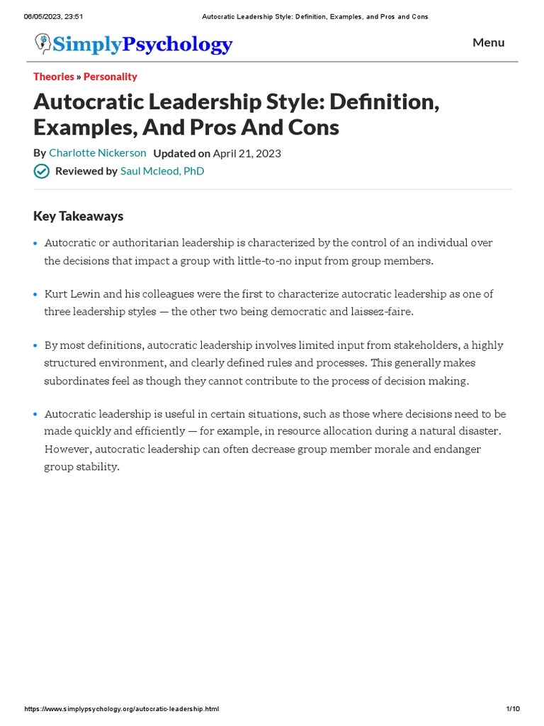 Autocratic Leadership: Definition & Impact | PDF | Leadership | Psychology