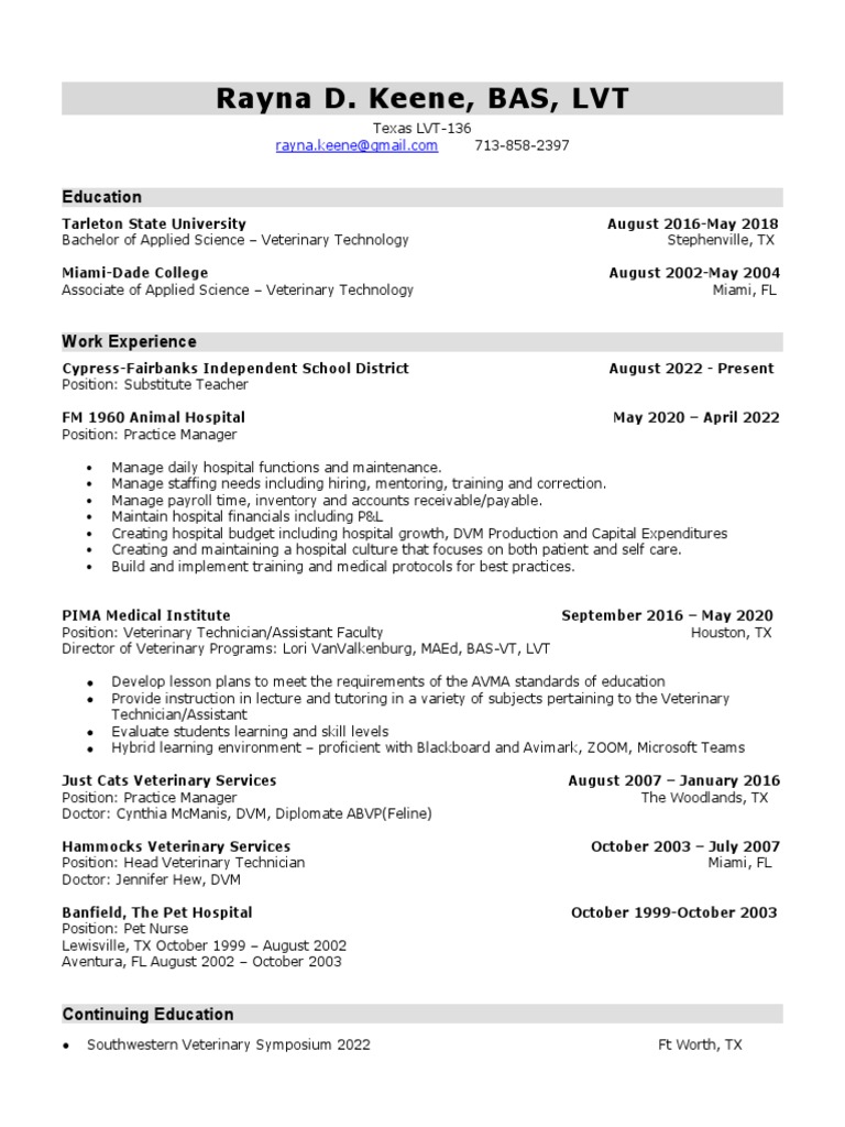 Rayna Keene LVT Resume | PDF | Public Services | Health Sciences