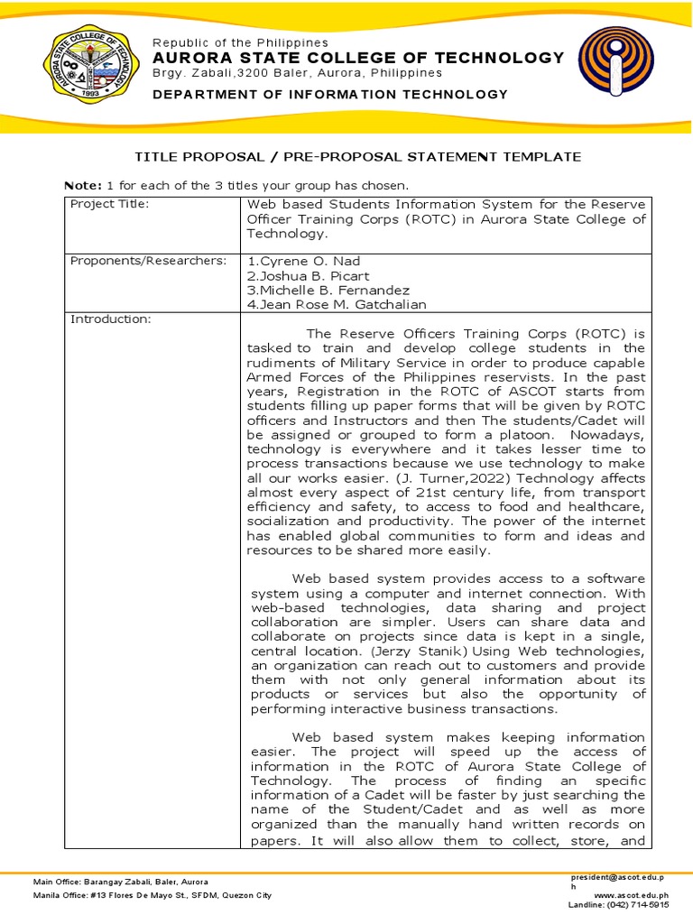 Title Proposal Web-Based ROTC Student Information System | PDF | Internet | Reserve Officers ...