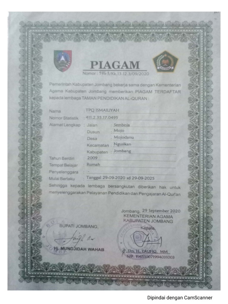 Piagam TPQ Ismailiya | PDF